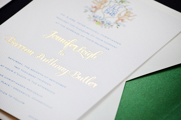 Jennifer + Barron's Gold Foil Watercolor Crest Wedding Invitations