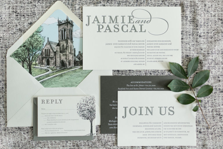 Bilingual Wedding Invitations with a Beautiful Illustrated Envelope Liner
