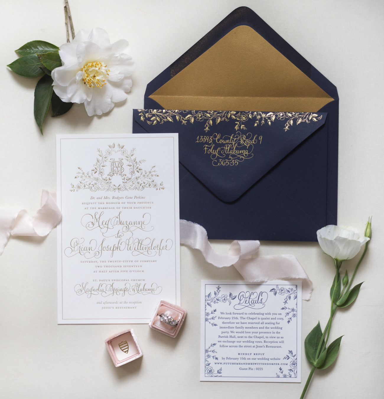 Regal Navy and Gold Foil Calligraphy Wedding Invitations