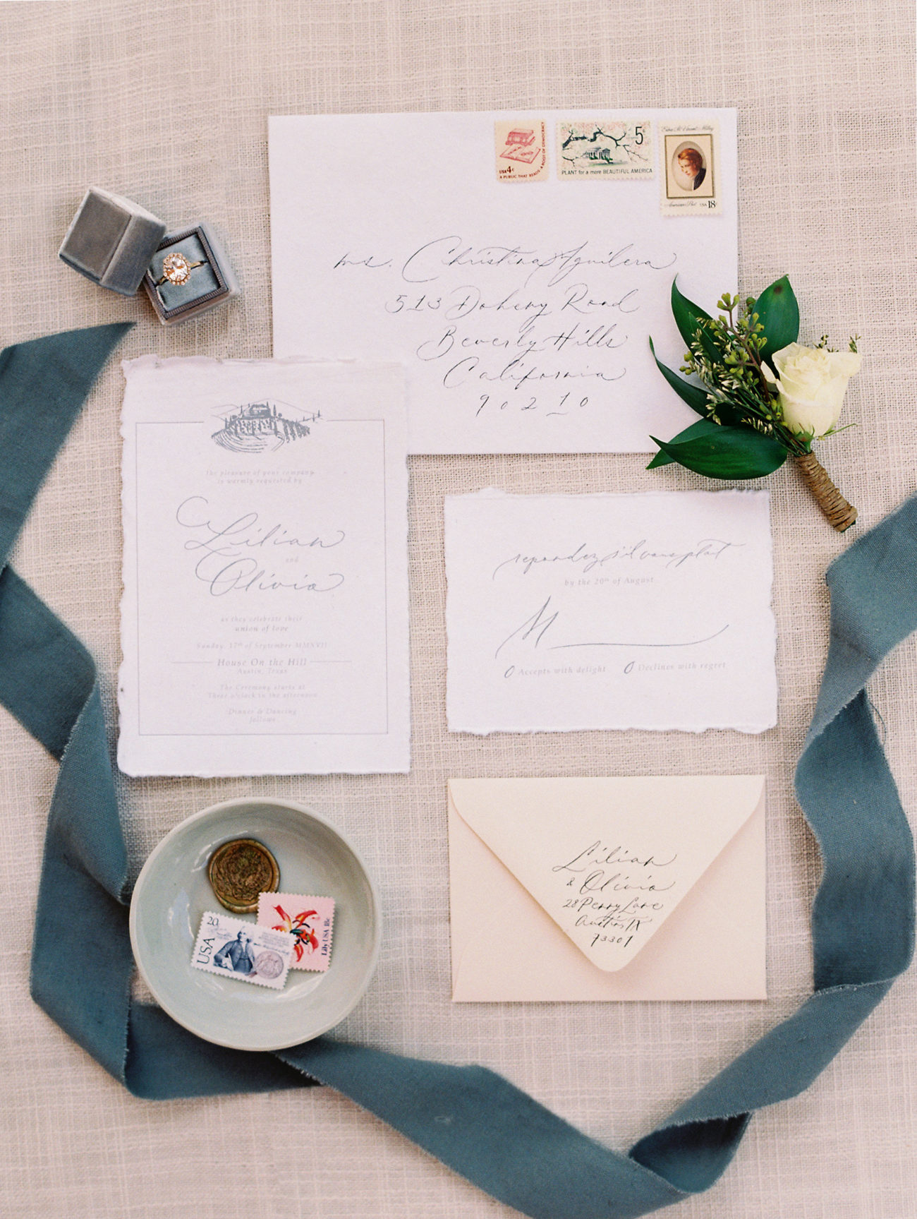 Vintage Inspired Dusty Blue Calligraphy Wedding Invitations