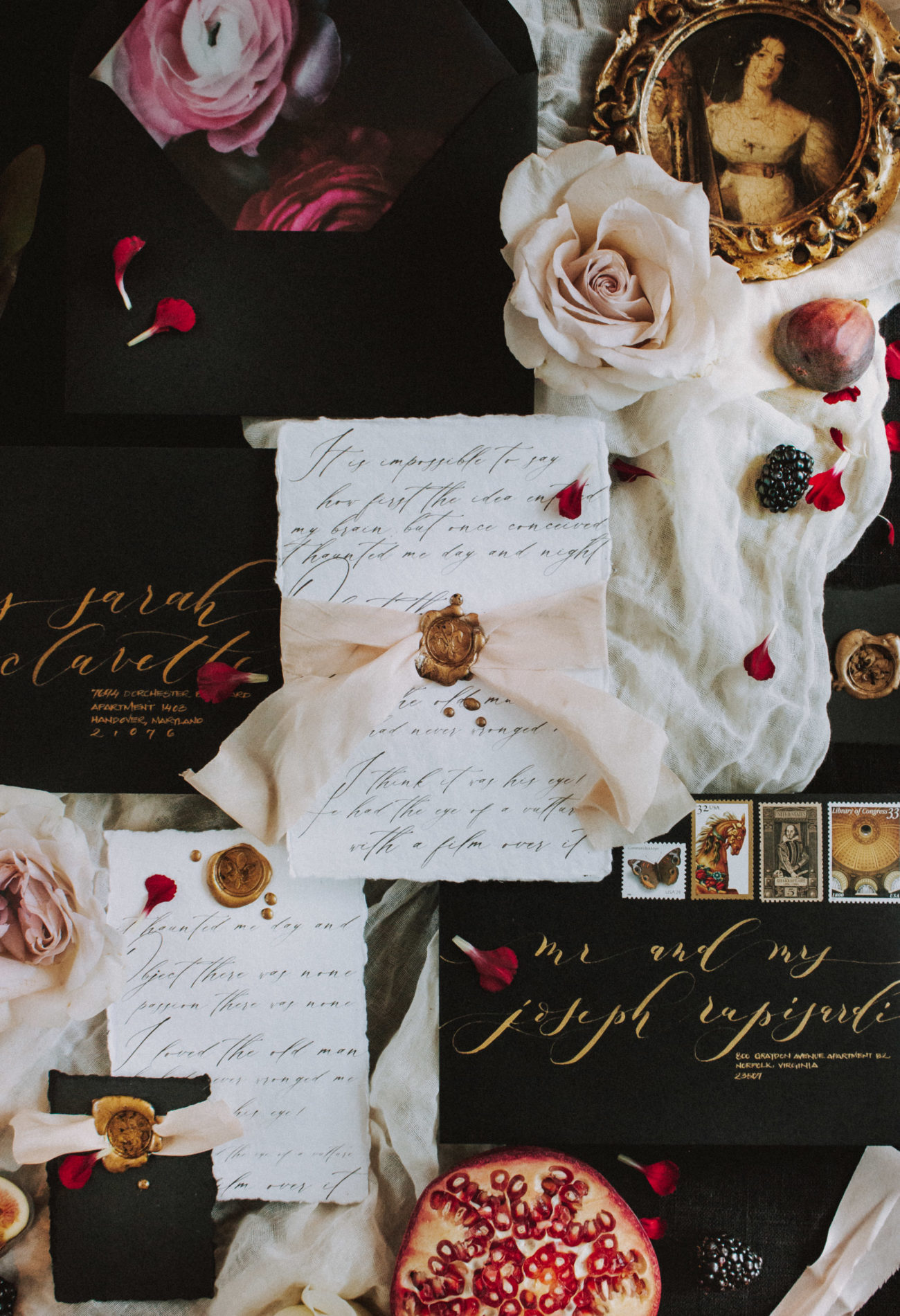 Romantic Black, White, and Gold Calligraphed Stationery Inspiration